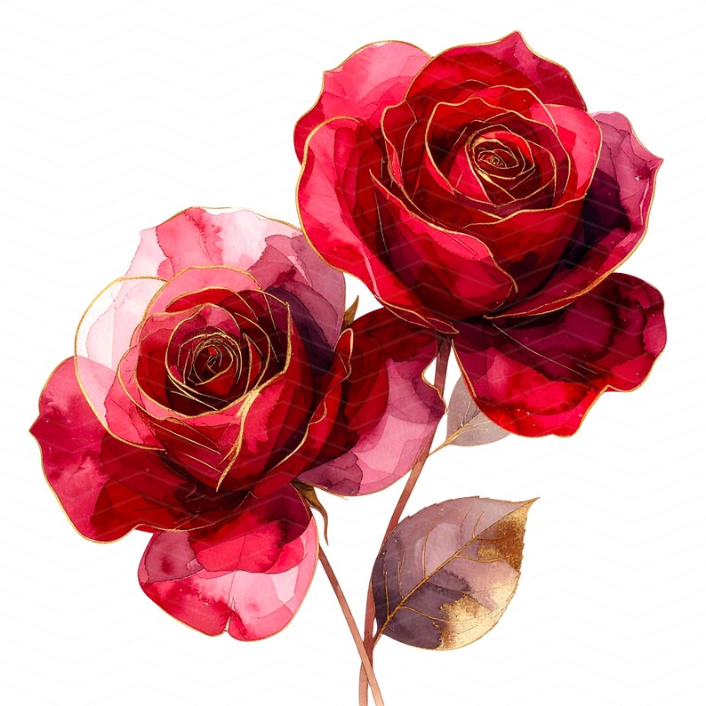 Abstract Red & Gold Rose Clipart Set, Luxury Floral PNG JPG, Watercolor ...