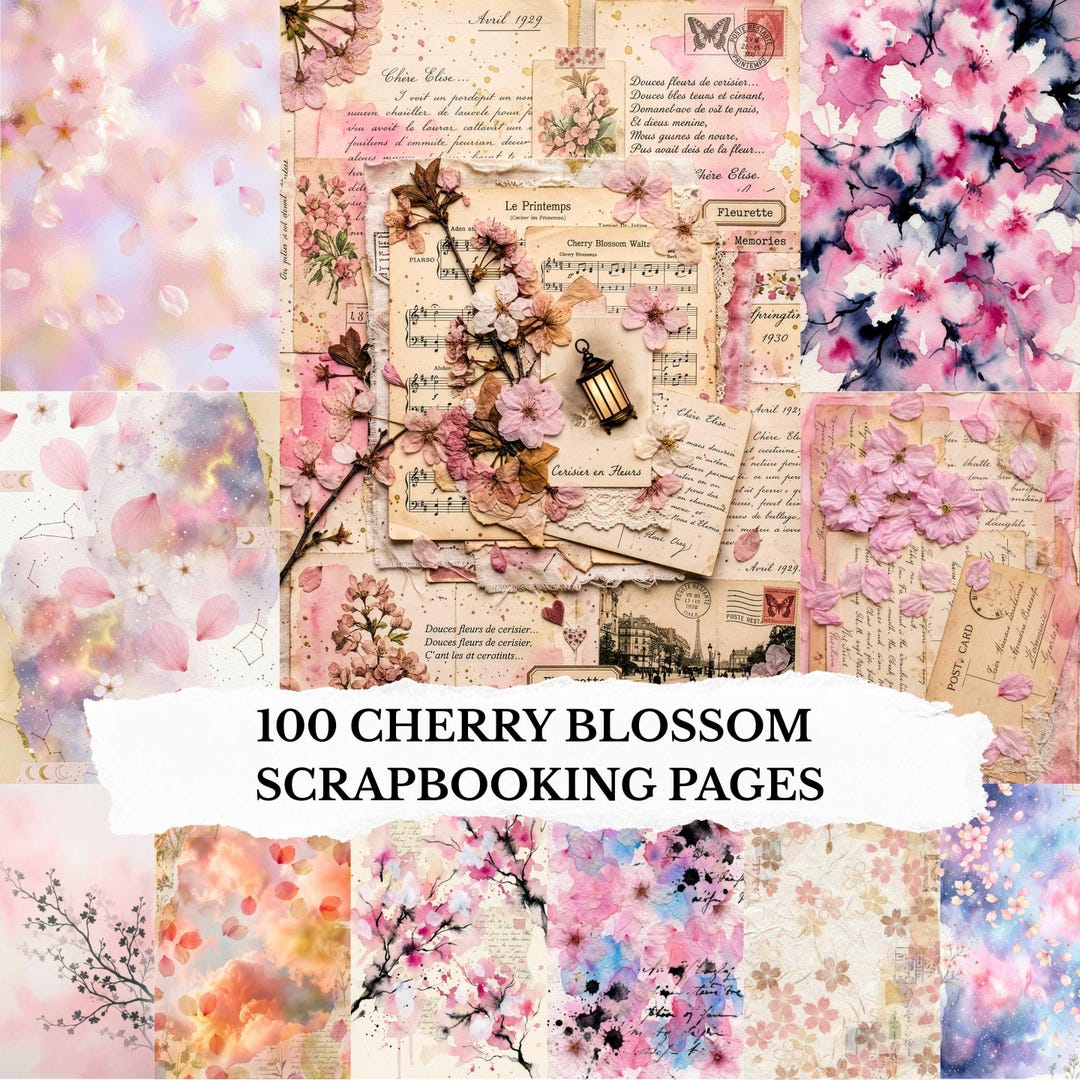 100 Cherry Blossom Digital Papers: Sakura Scrapbook Backgrounds, Pink ...