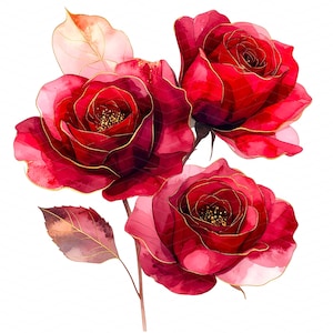 Abstract Red & Gold Rose Clipart Set, Luxury Floral PNG JPG, Watercolor ...