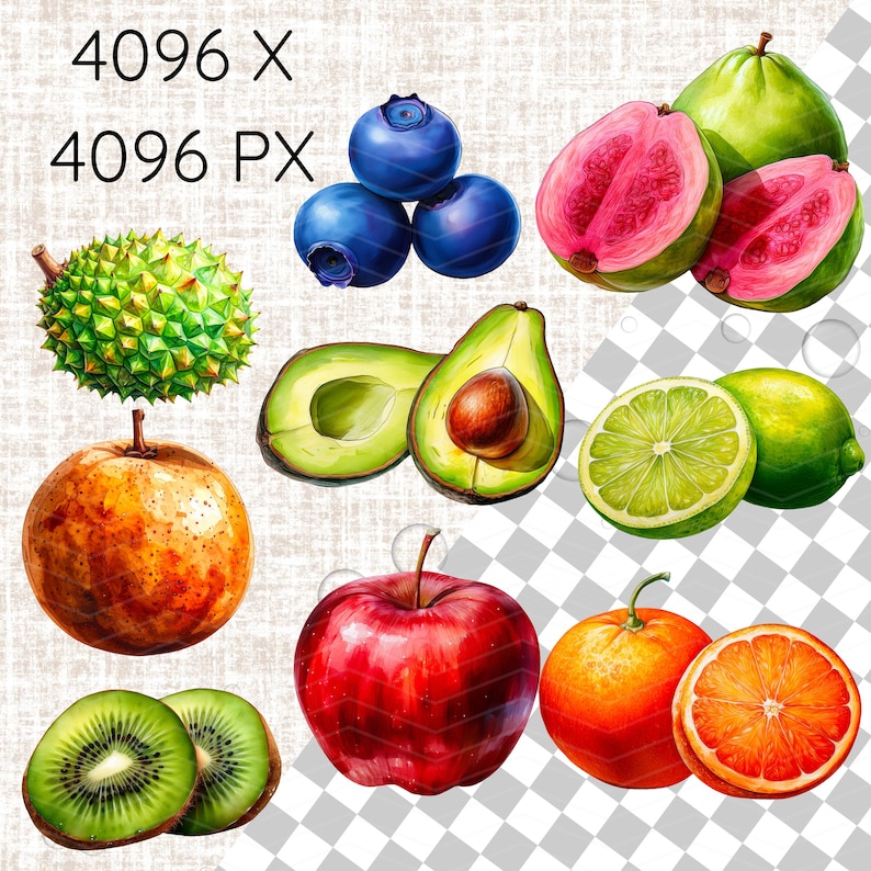Realistic Fruit PNG Clipart Bundle, 40 Watercolor Fruits, Digital ...