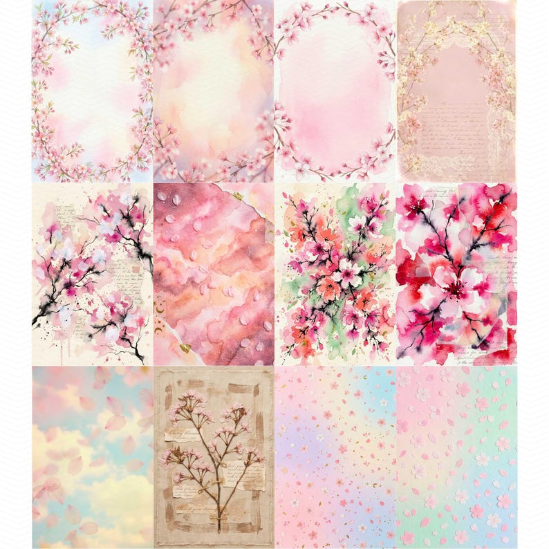 100 Cherry Blossom Digital Papers: Sakura Scrapbook Backgrounds, Pink ...
