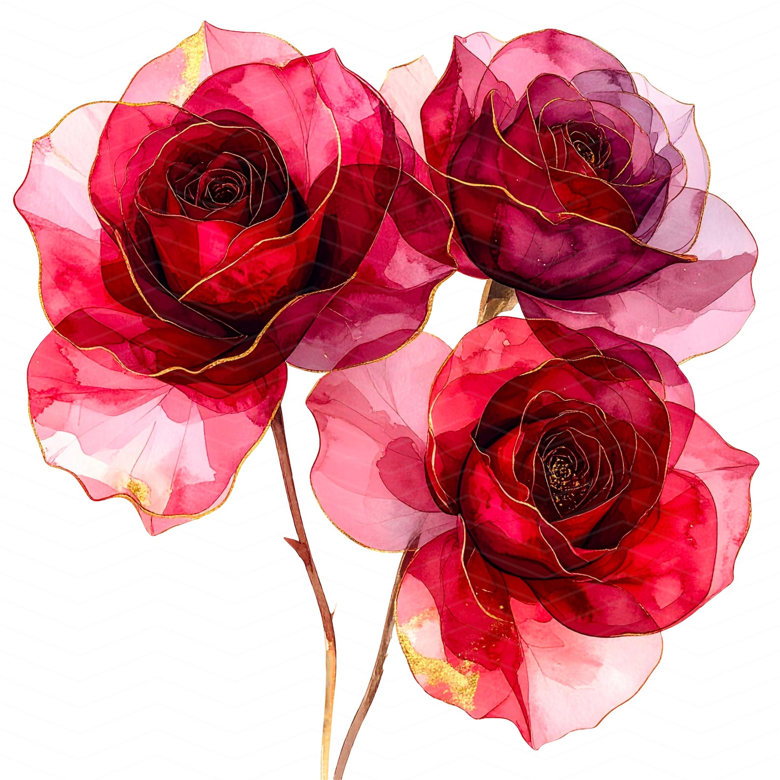 Abstract Red & Gold Rose Clipart Set, Luxury Floral PNG JPG, Watercolor ...