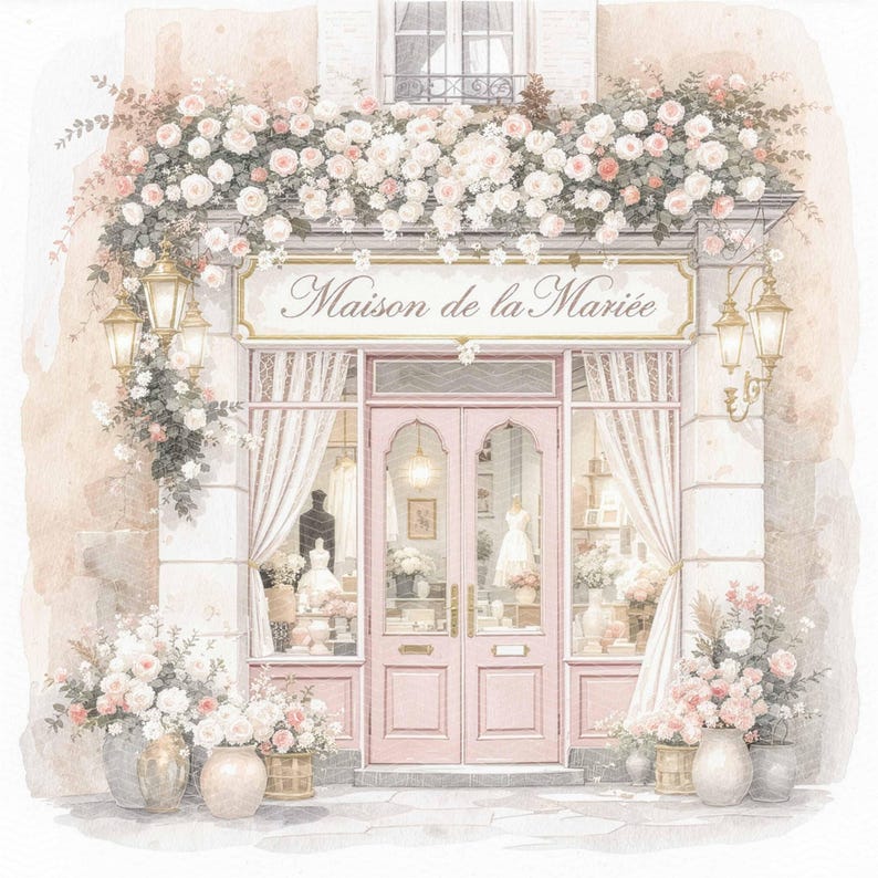 20 Wedding Dress Shop Storefronts Clipart: Bridal Boutique Watercolor ...