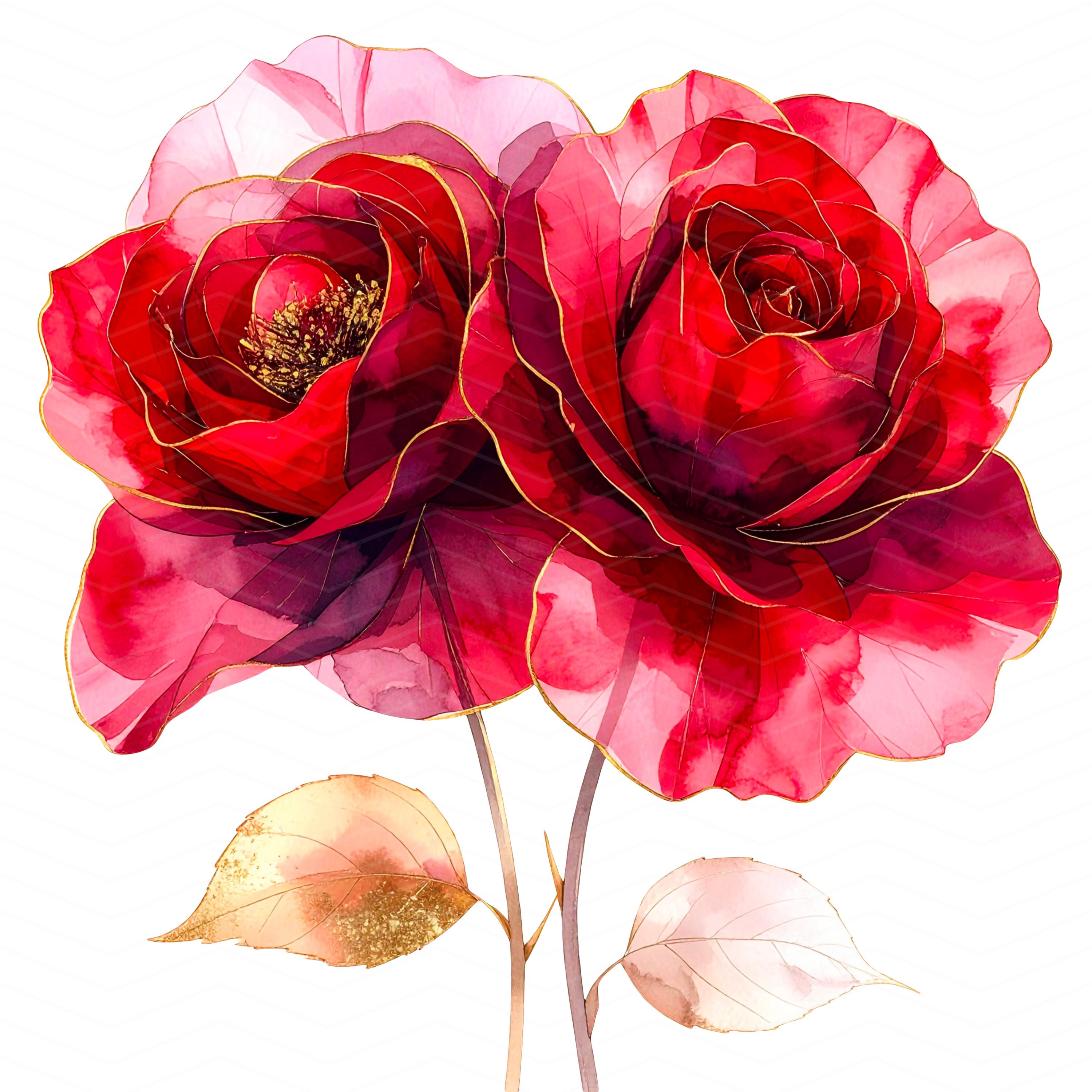 Abstract Red & Gold Rose Clipart Set, Luxury Floral PNG JPG, Watercolor ...
