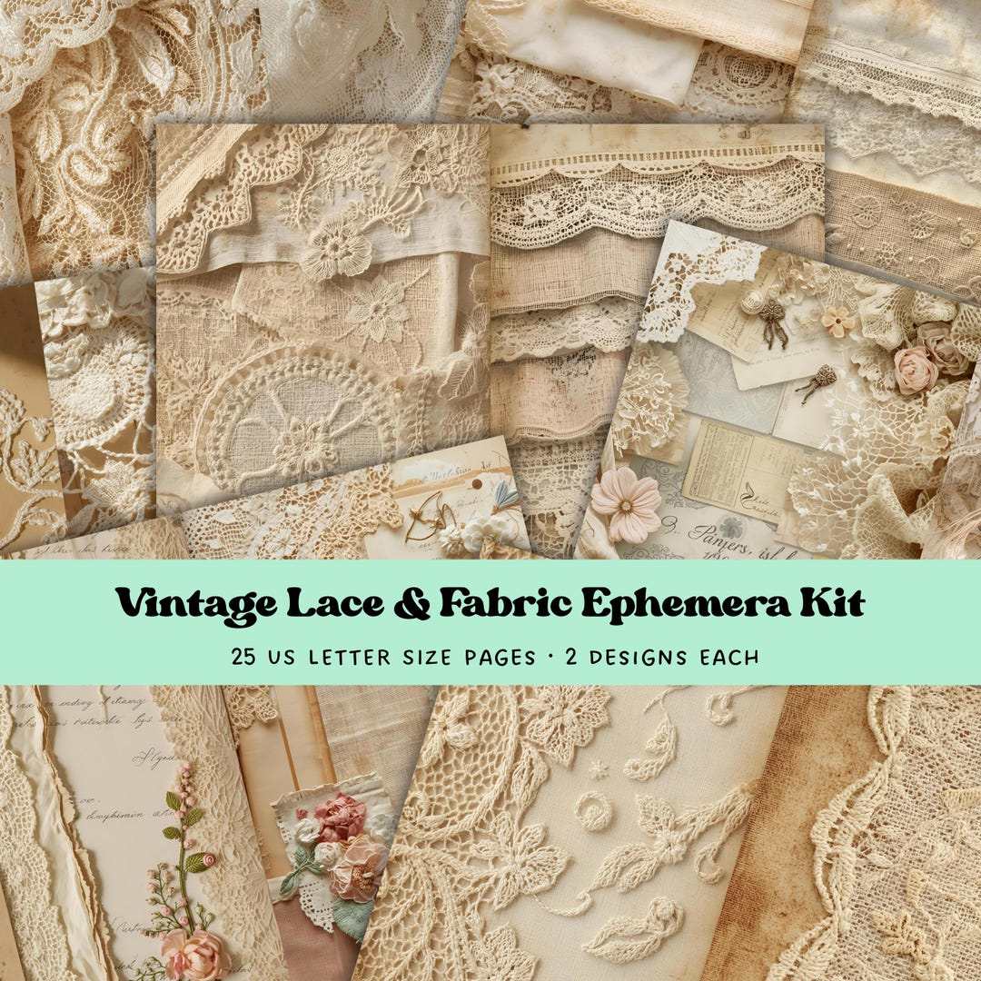 Vintage Lace Fabric Collage Ephemera Kit: Printable Junk Journal Pages ...