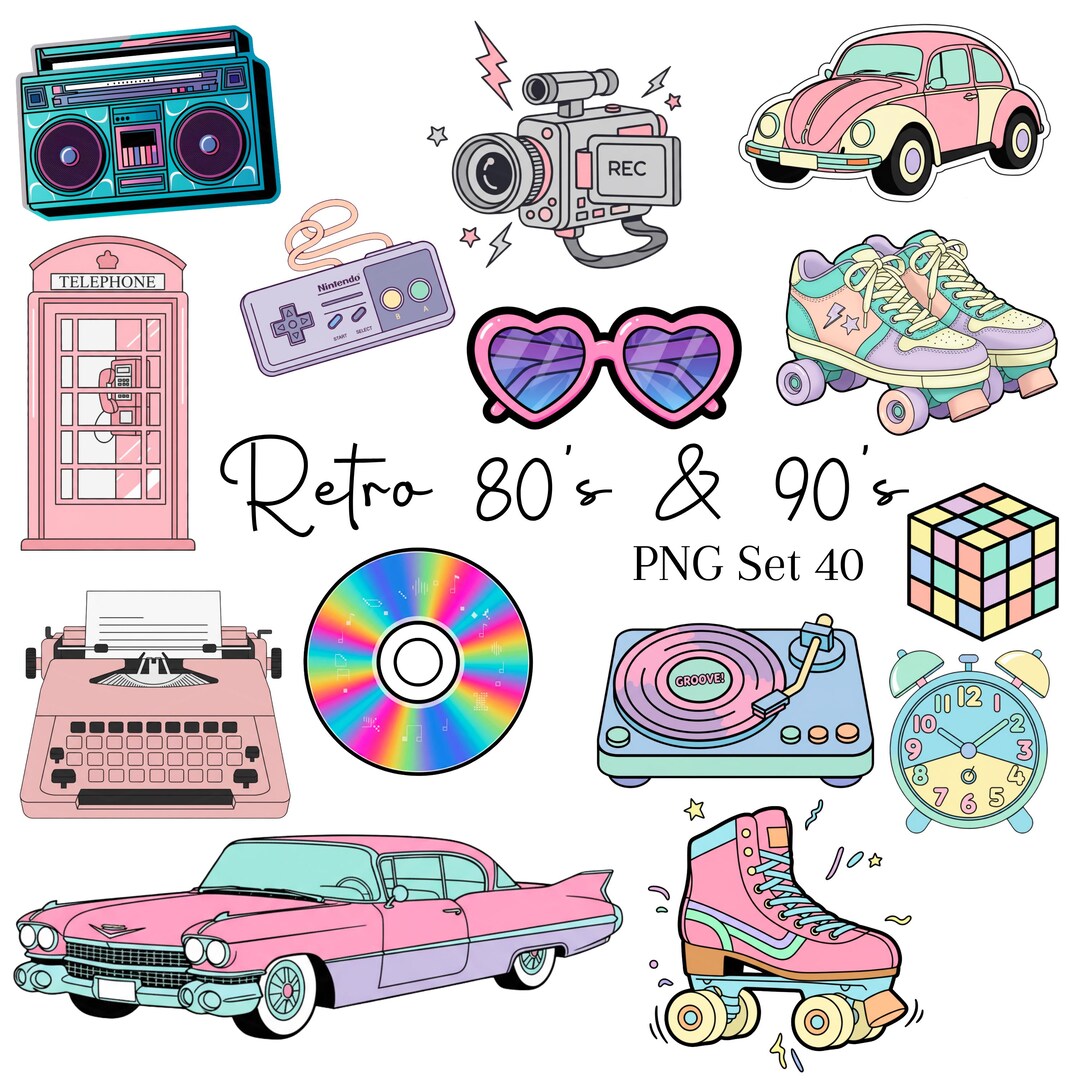 80s 90s Retro Clipart Bundle 40 Pastel Stickers PNG , High-res ...
