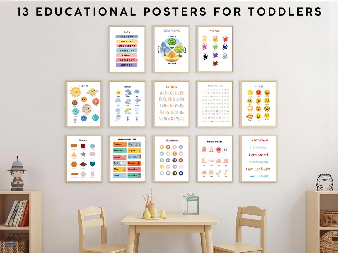Toddler Educational Posters Bundle, 13 Learning Prints for Kids ...