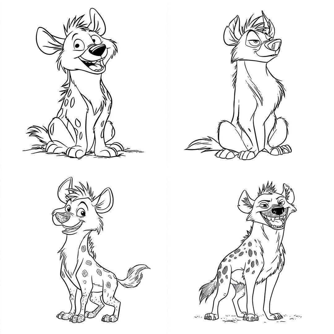 Hyena Characters Outline Bundle – Cartoon Hyena Line Art Clipart – PNG ...