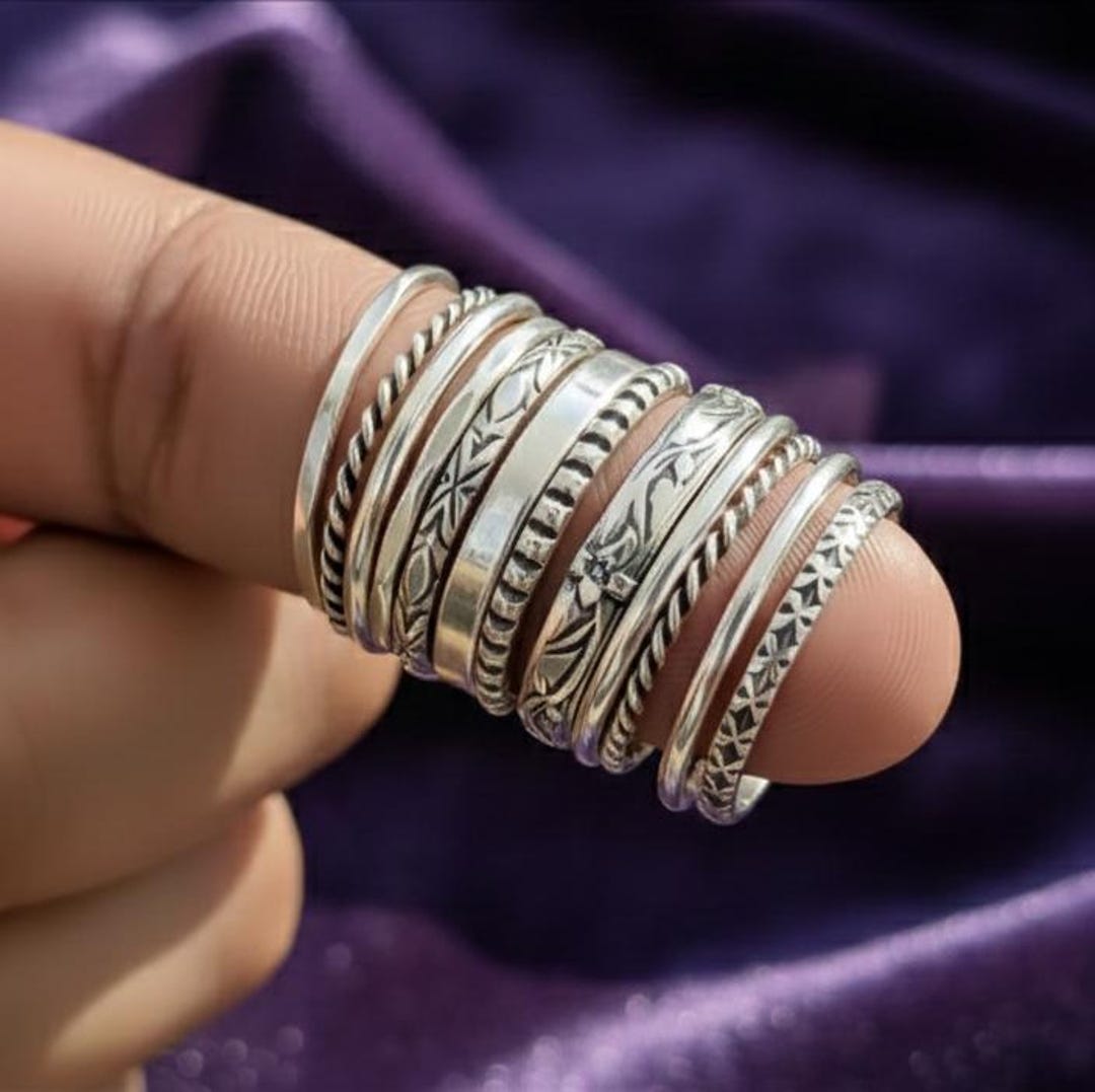 Handmade Sterling Silver Stacking Rings Set, Boho Statement Rings (12 ...