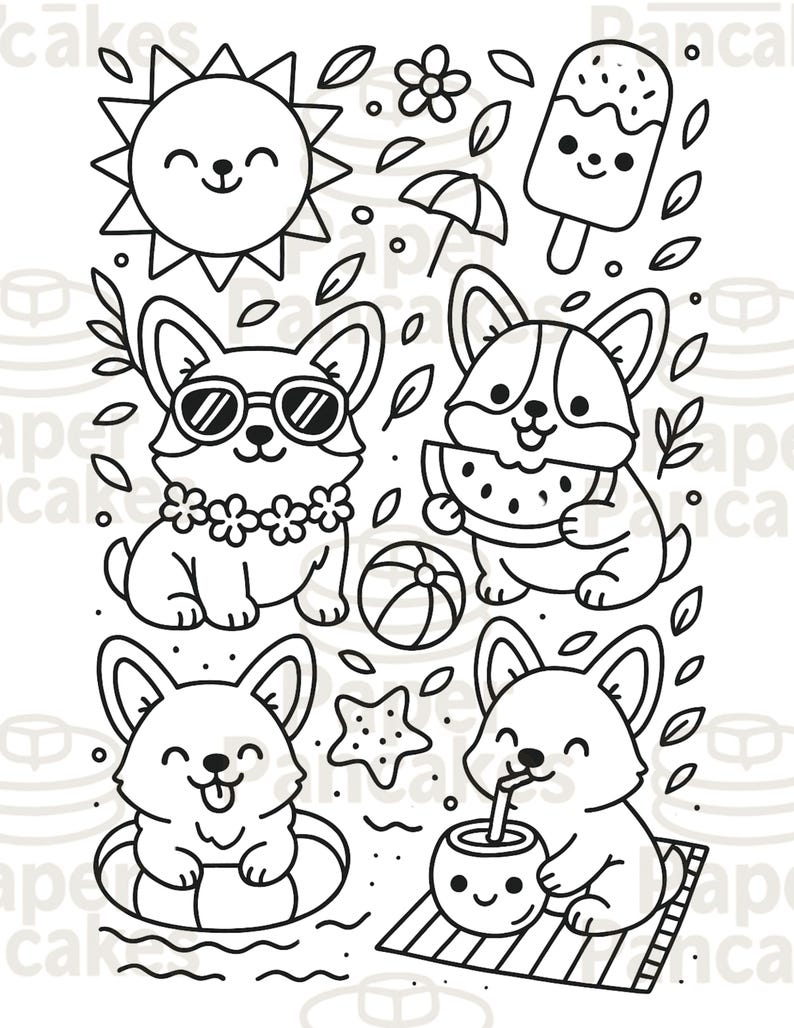 Puppy Corgi Summer Coloring Page | Printable Cute Dog Coloring Sheet ...