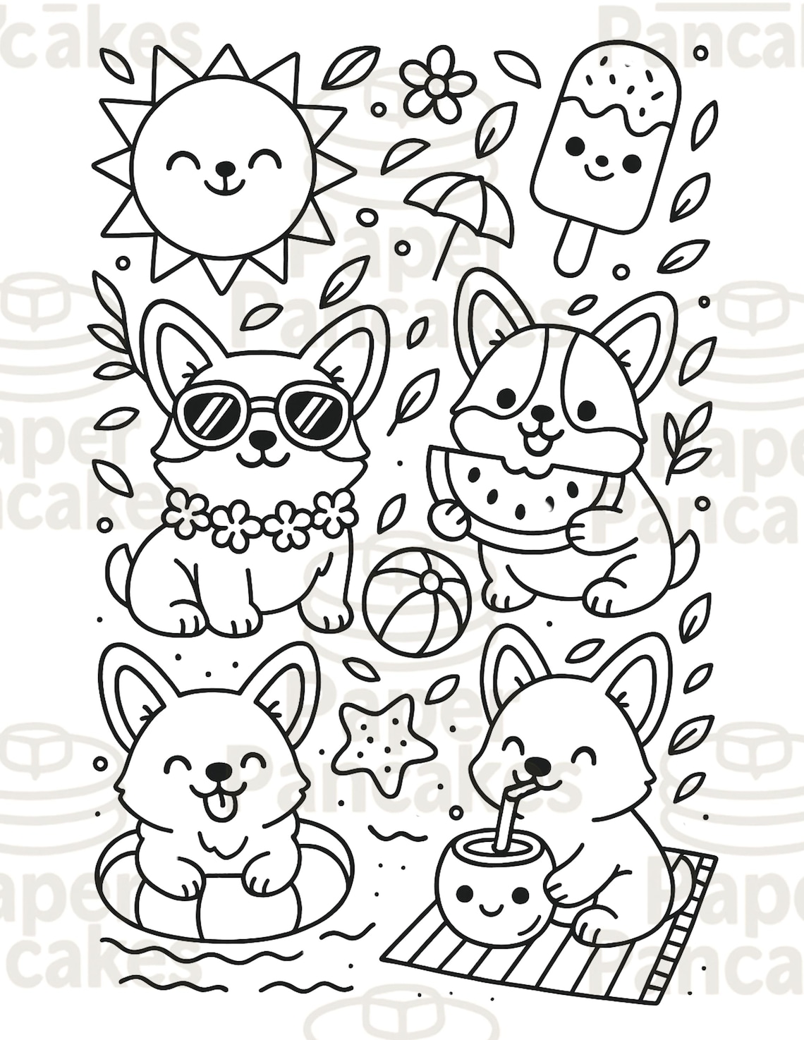 Puppy Corgi Summer Coloring Page | Printable Cute Dog Coloring Sheet ...