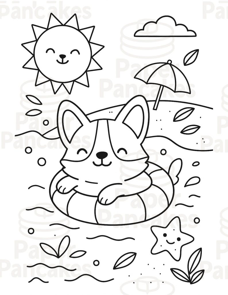 Swimming Corgi Coloring Page | Cute Beach Puppy Dog Printable | Summer ...