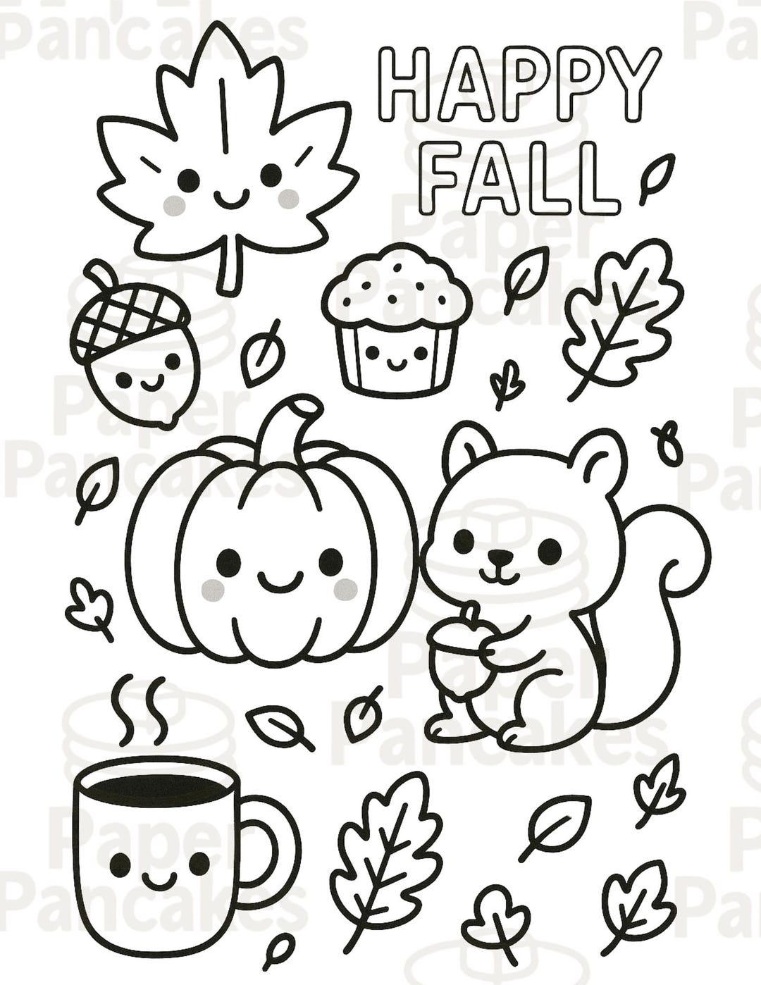 Cute Fall Coloring Page for Kids | Autumn Printable | Pumpkin, Squirrel ...