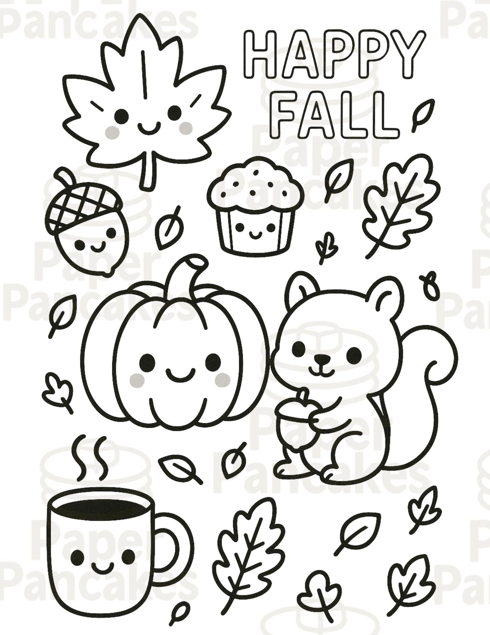Cute Fall Coloring Page for Kids | Autumn Printable | Pumpkin, Squirrel ...