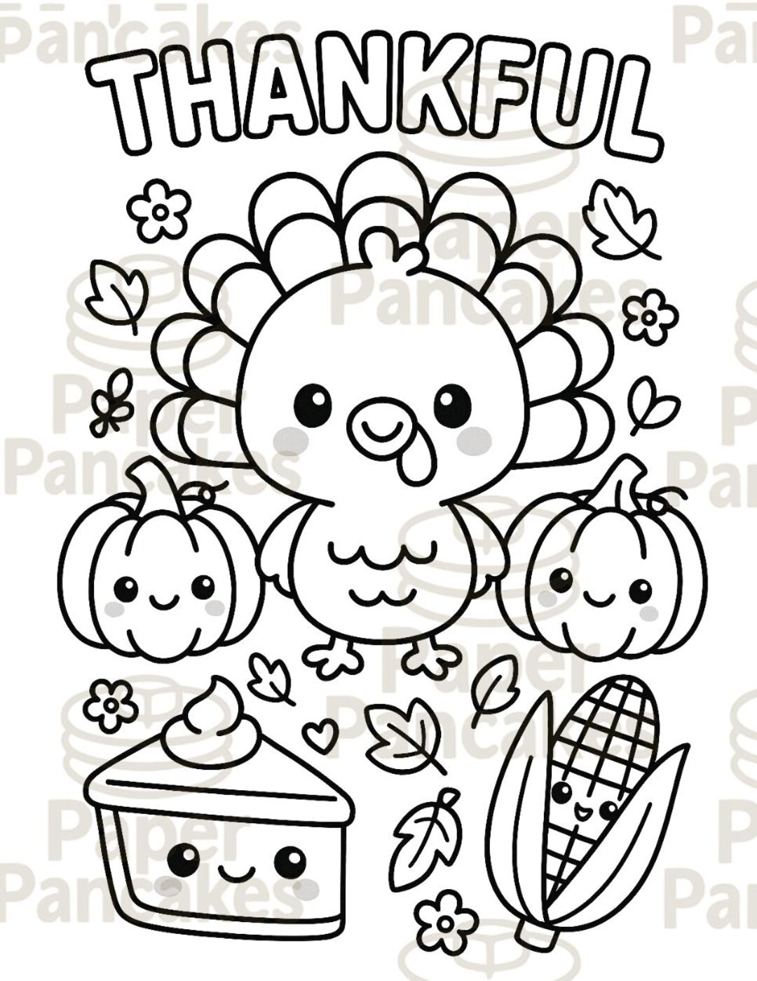 Thanksgiving Coloring Page | Cute Turkey, Pumpkins, Pie & Corn | Kids ...