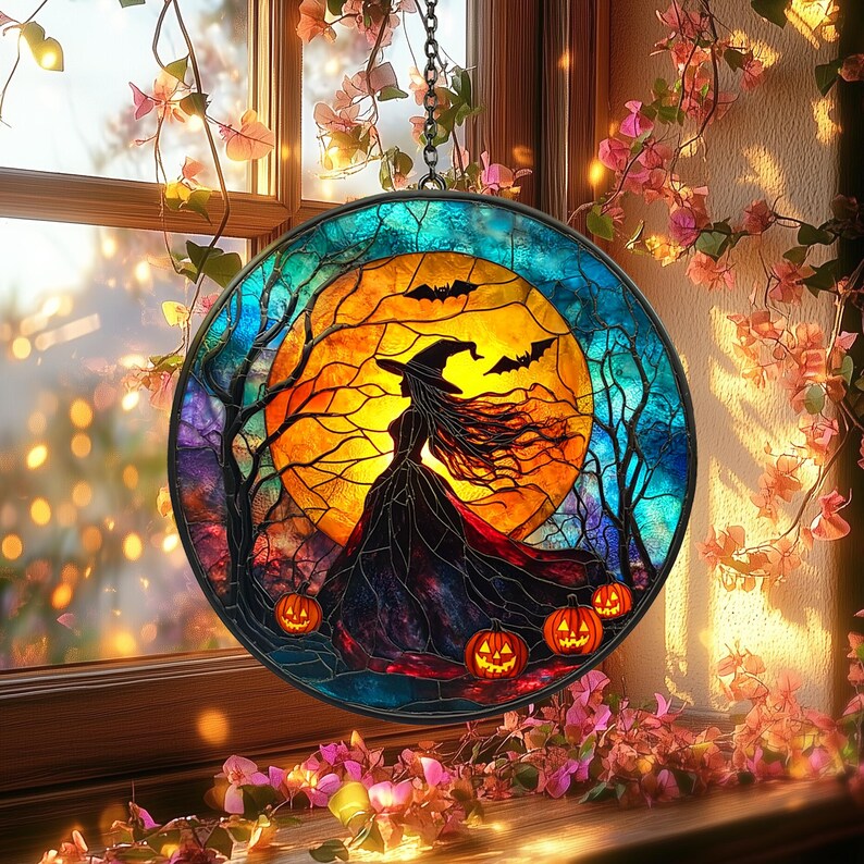 Halloween Witch With Moon GLASS SUNCATCHER Witchy Acrylic Window ...