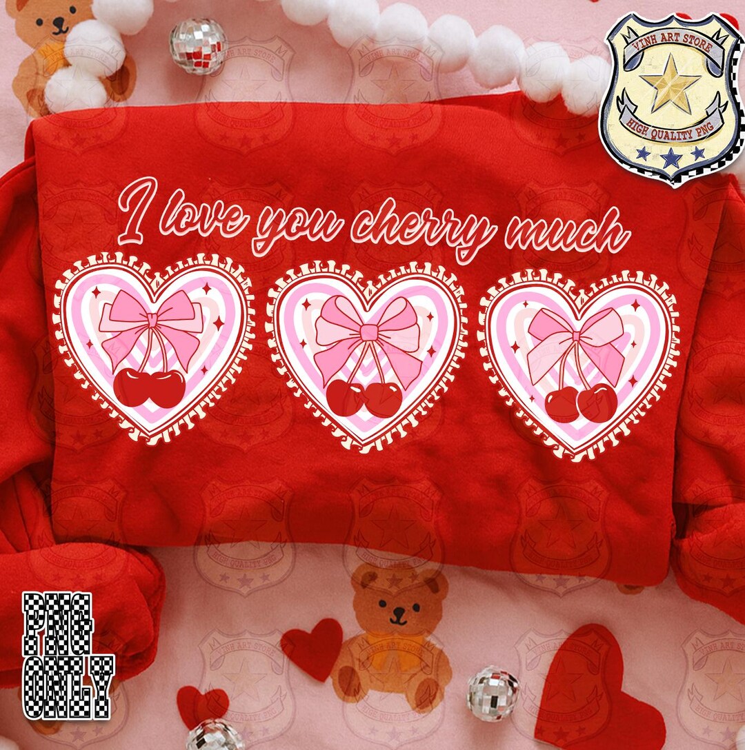 Preppy I Love You Cherry Much Png, Coquette Heart Bow Png, Retro Pink ...