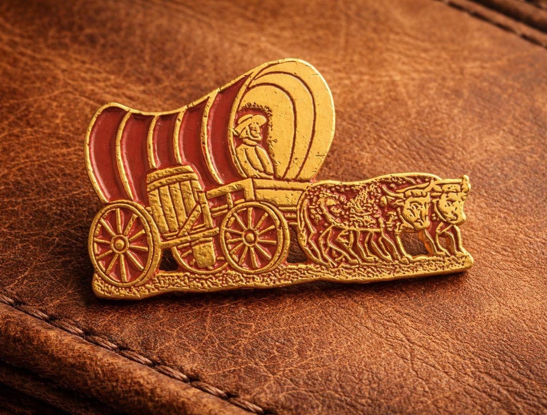 Conestoga Wagon Oxen Barrel Gold Lapel Pin - Vintage Americana Prairie ...