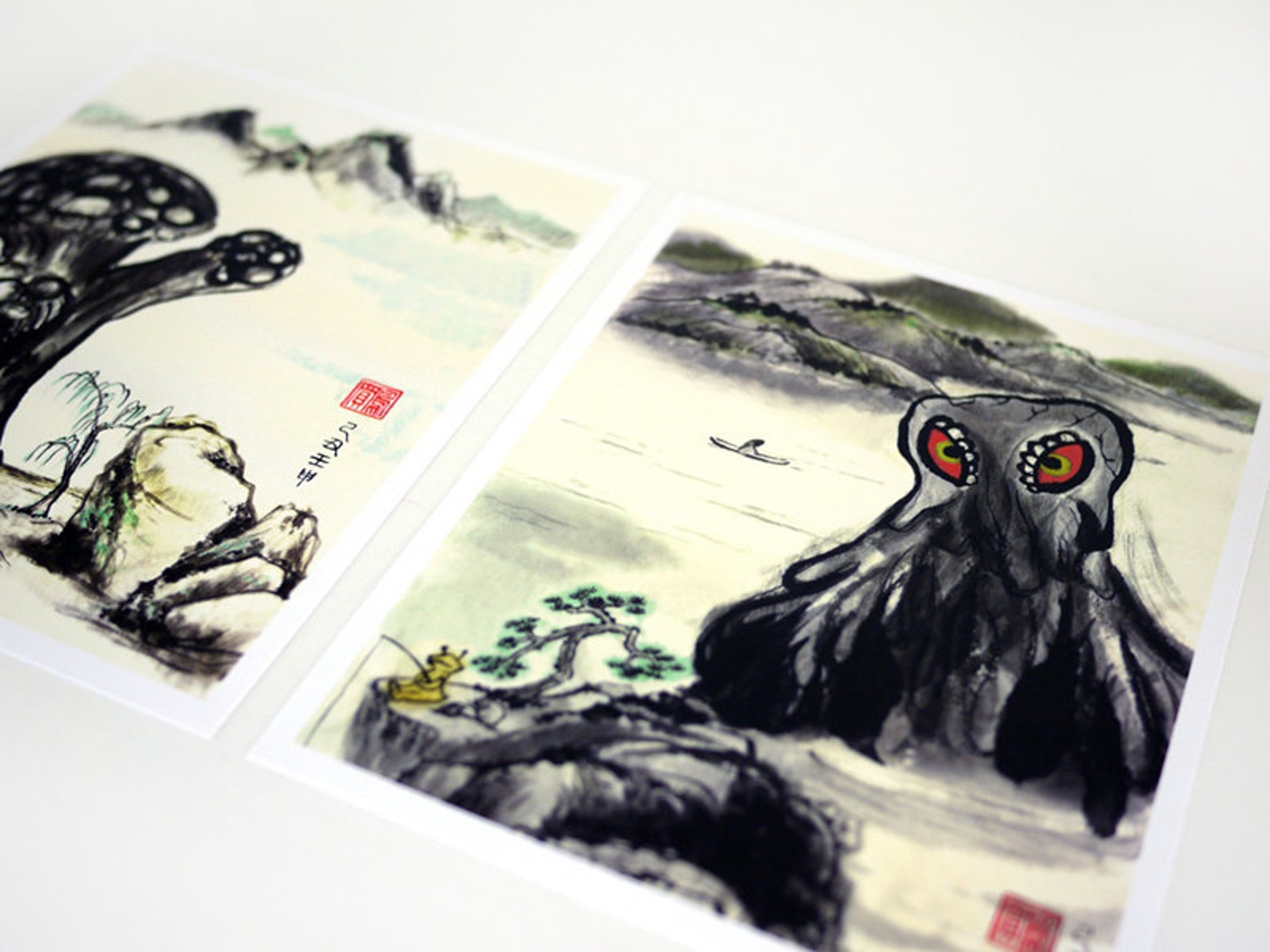 Suiboku Monsters Hedora & Matango Print Set of 2 // Ink Paintings ...