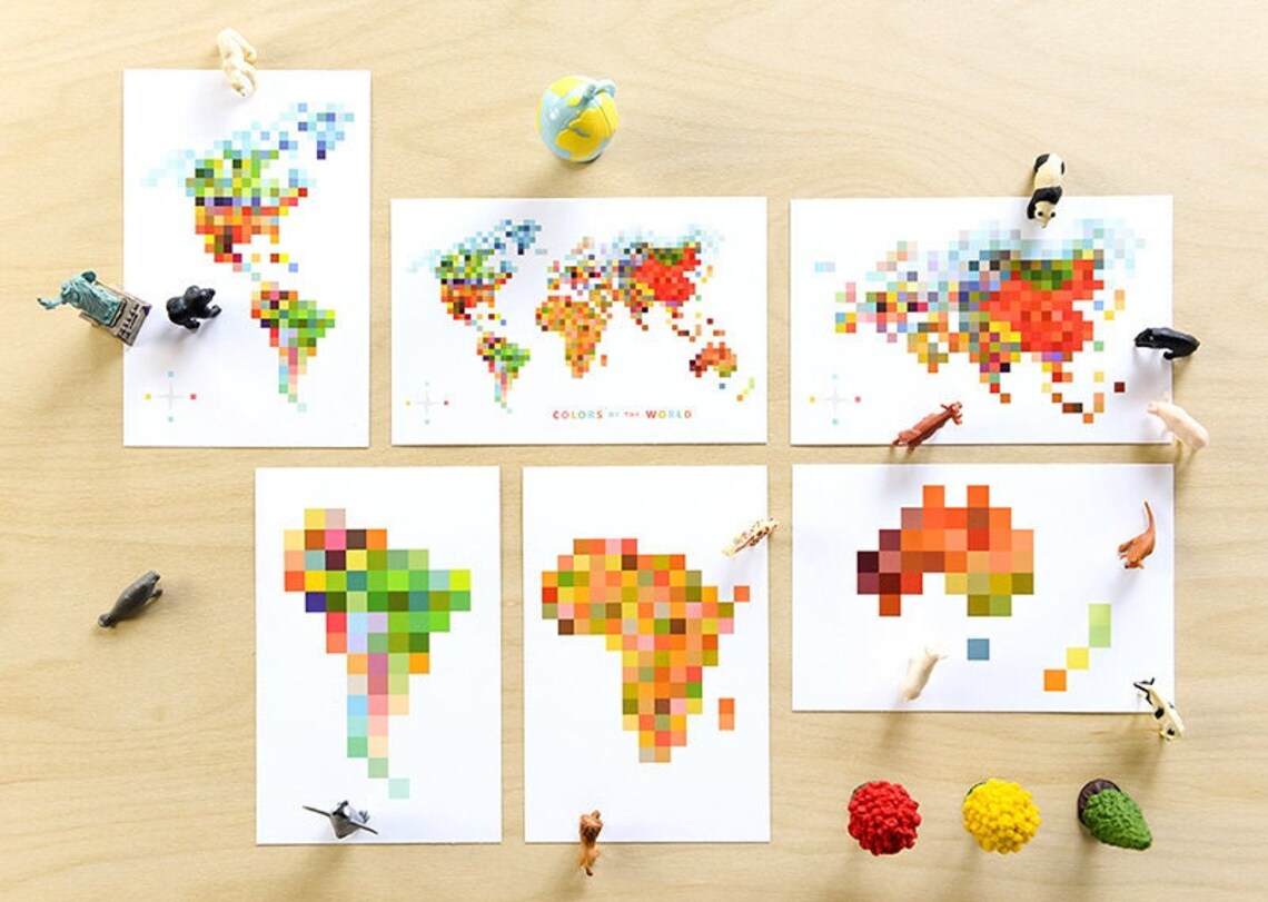 Pixel Map 'colors of the World' Print Set of 6 // Modern World Map Art ...