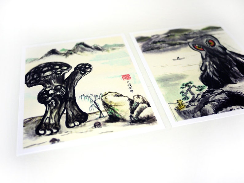 Suiboku Monsters Hedora & Matango Print Set of 2 // Ink Paintings ...