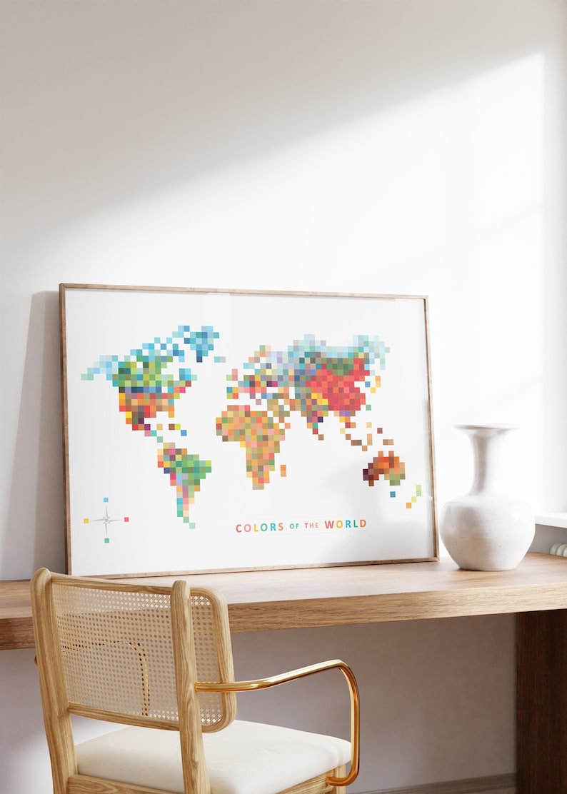 Pixel Map 'colors of the World' Map Wall Art 30”x20” | Kids World Map ...
