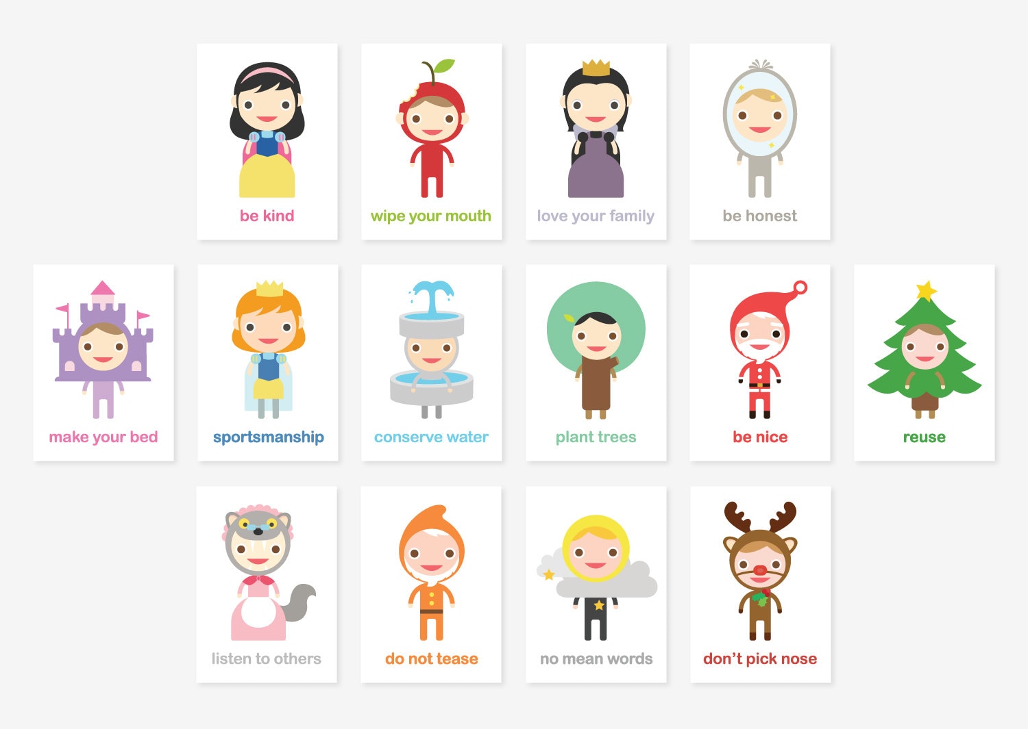 Happy Manners Card Set of 43 // Good Manners Learning & Educational Flash Cards // Kids Wall Art ...