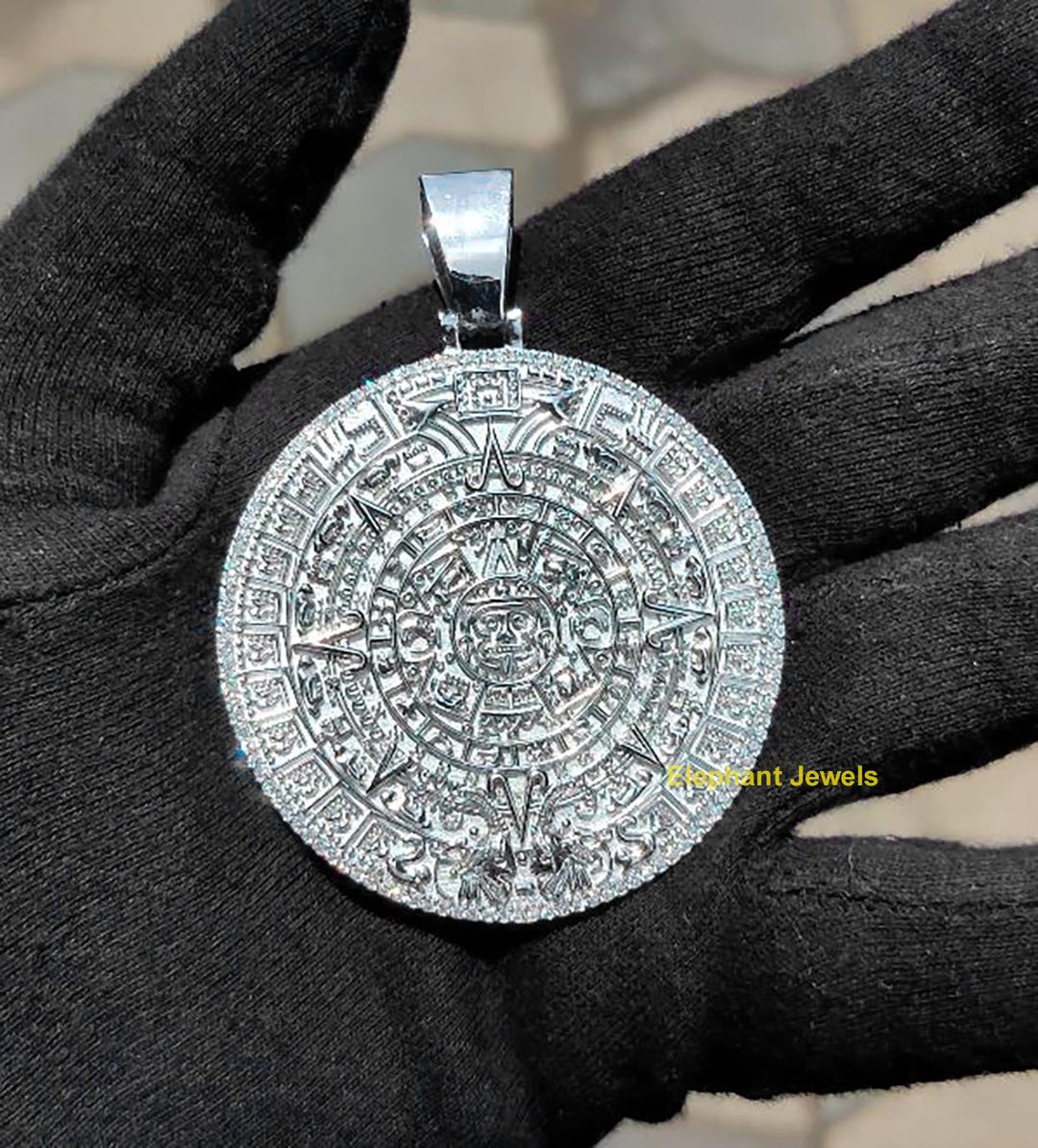 Sterling Silver Aztec Calendar Pendant, Moissanite Diamond Mayan Sun ...