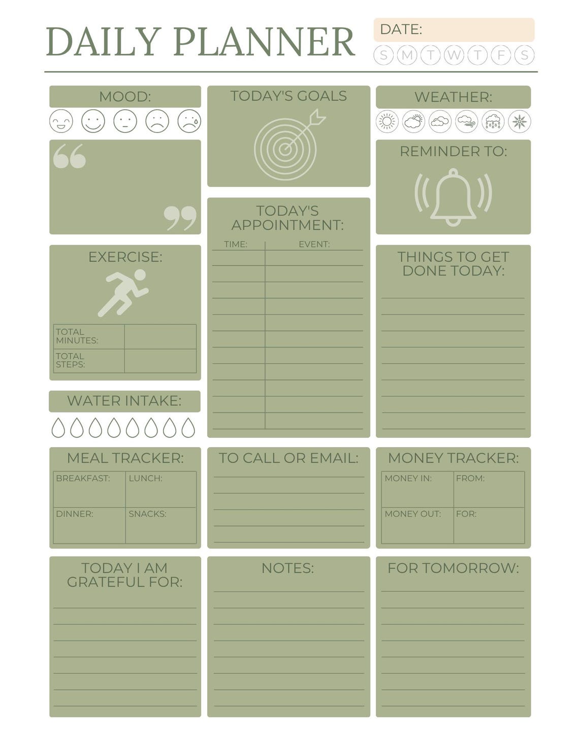 Green Printable Planner Sheet | Daily Weekly Monthly Organizer ...