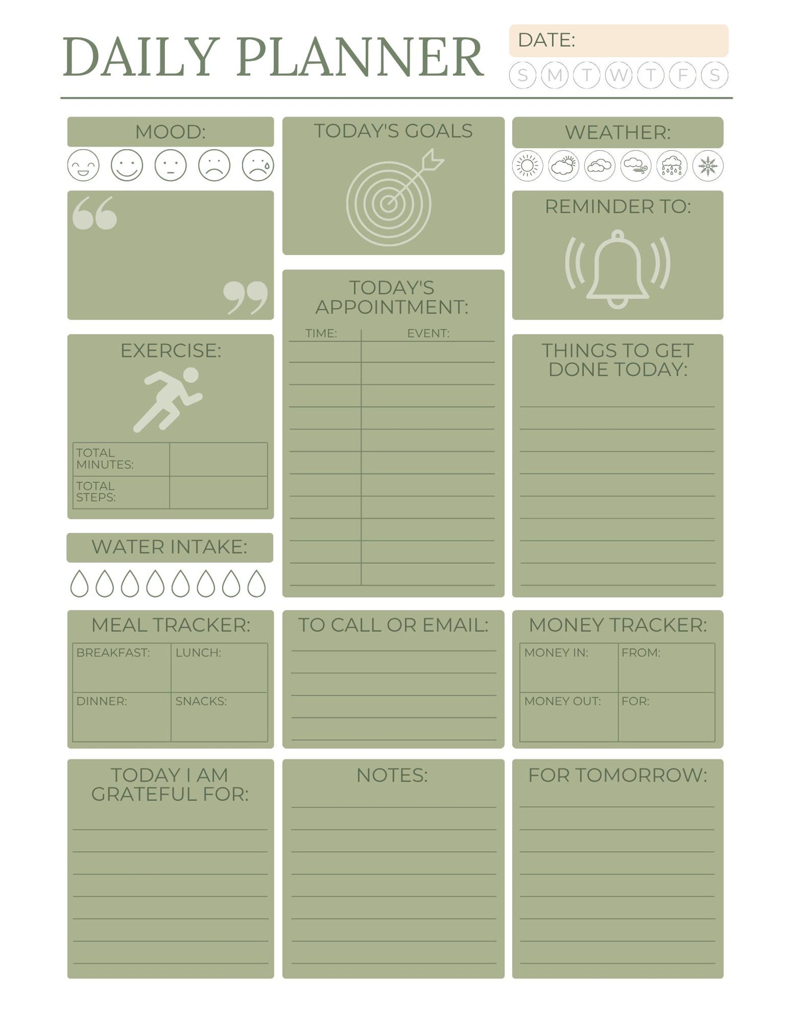 Green Printable Planner Sheet | Daily Weekly Monthly Organizer ...