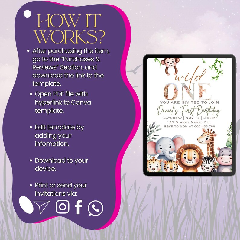 Editable Safari First Birthday Invitation - Wild One Birthday - 1st ...