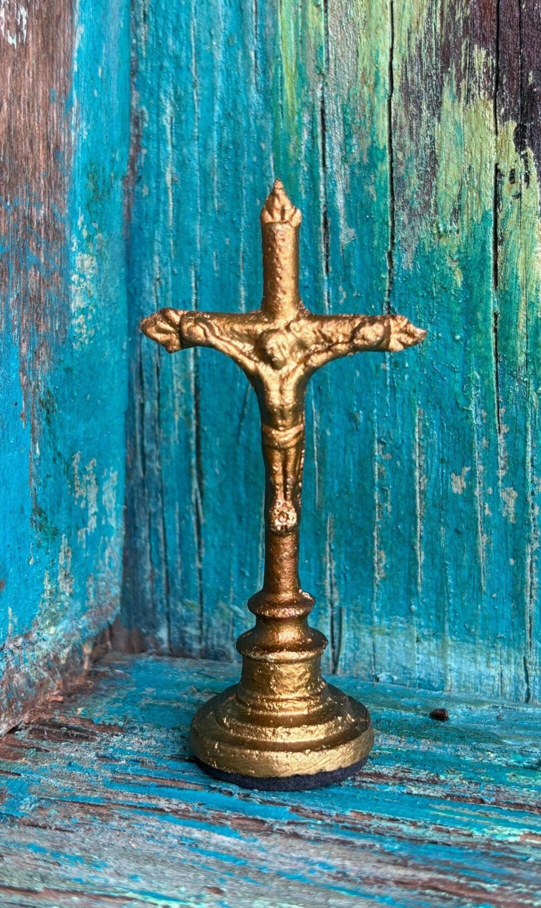 Gold Metal Catholic Crucifix: Adhesive Base for Car, Desk, Altar - Etsy