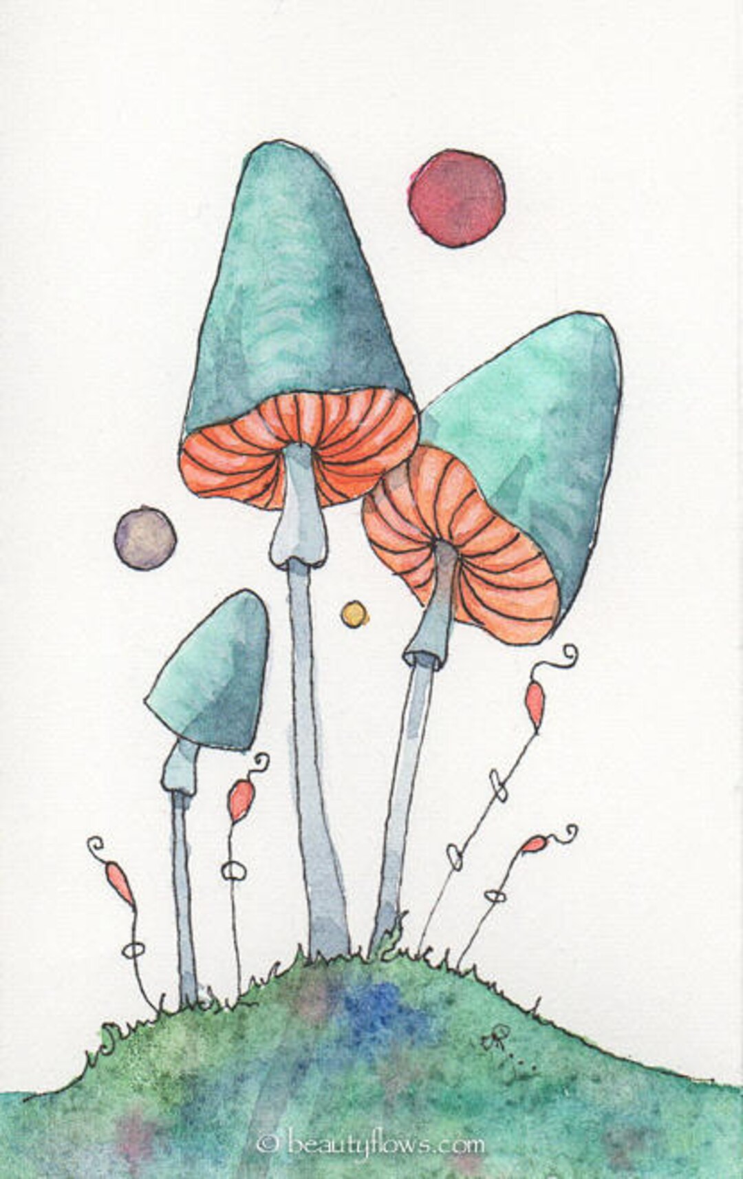 Aqua Mushroom Clan, Art fantaisiste, Peinture à laquarelle originale ...