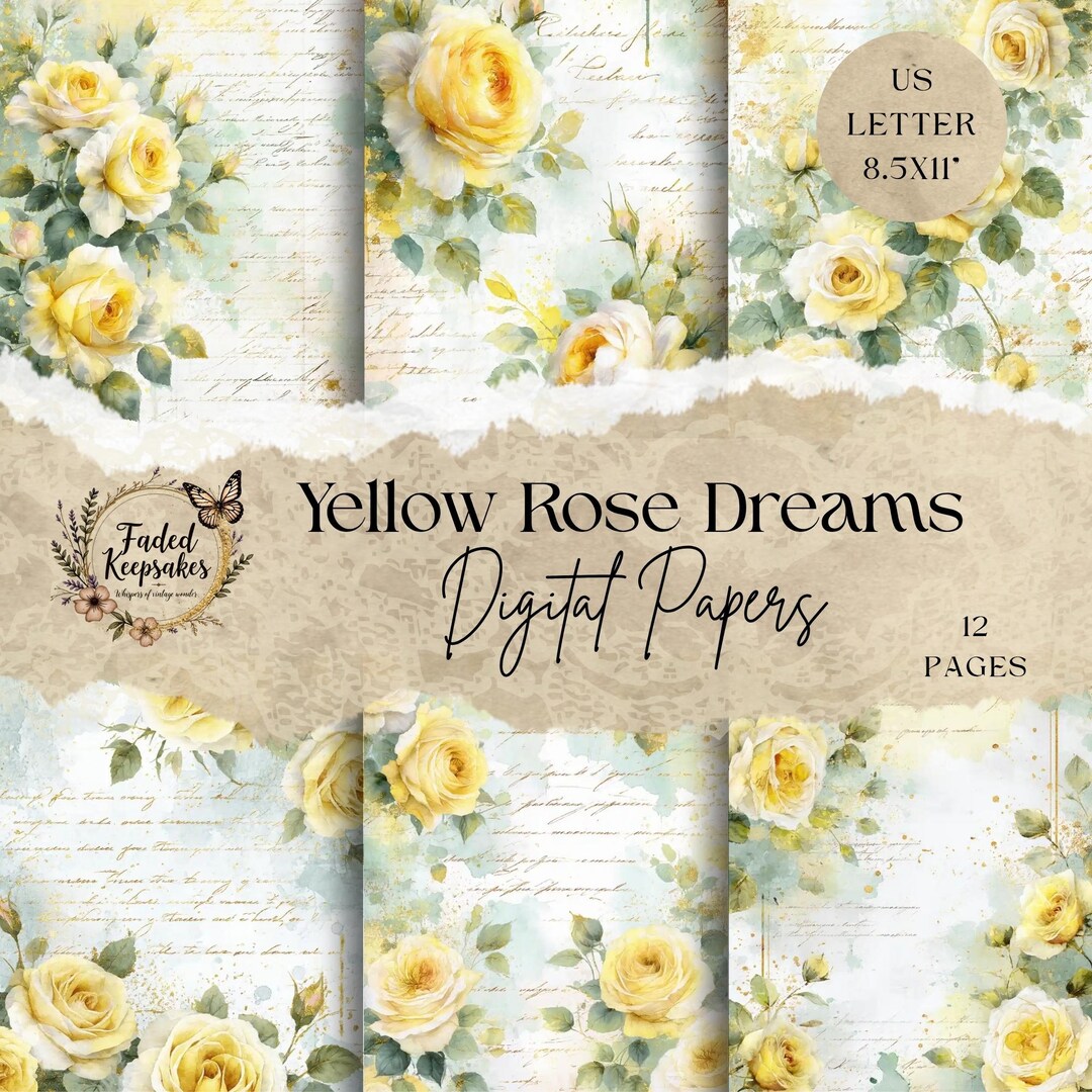 Yellow Rose Digital Paper Pack: Vintage Floral Scrapbook Backgrounds - Etsy