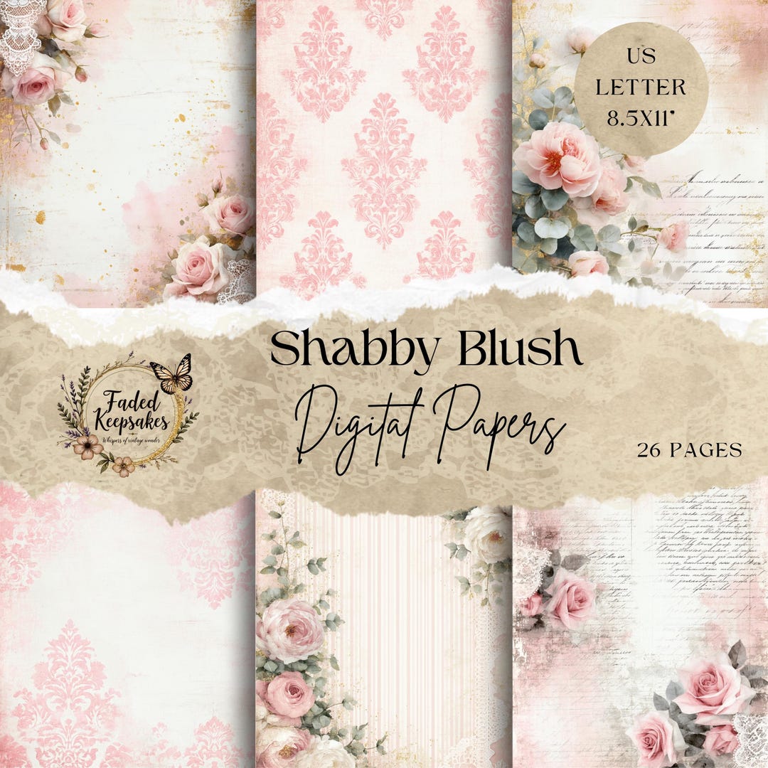Shabby Blush Digital Paper Pack: Vintage Floral Scrapbooking ...