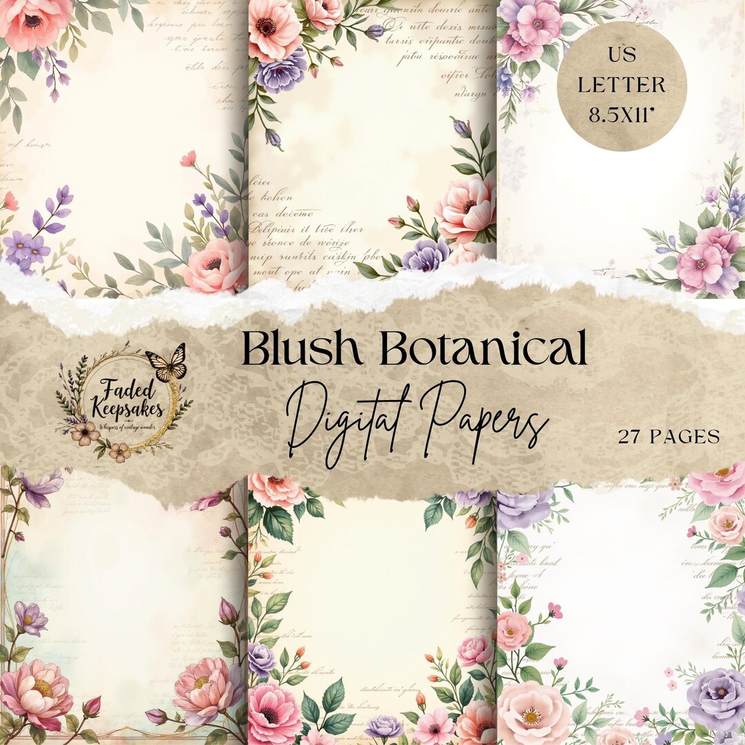 Blush Botanical Digital Papers: Vintage Floral Scrapbooking & Craft ...