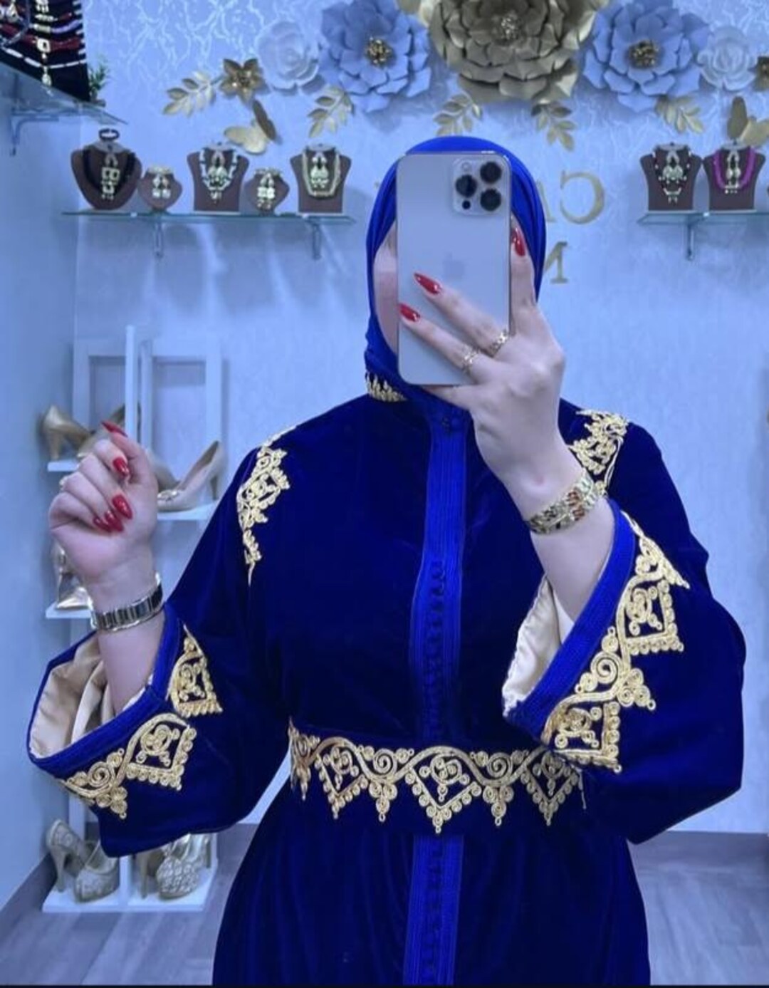 Royal Blue Moroccan Velvet Kaftan | Gold Embroidered Takchita Dress ...