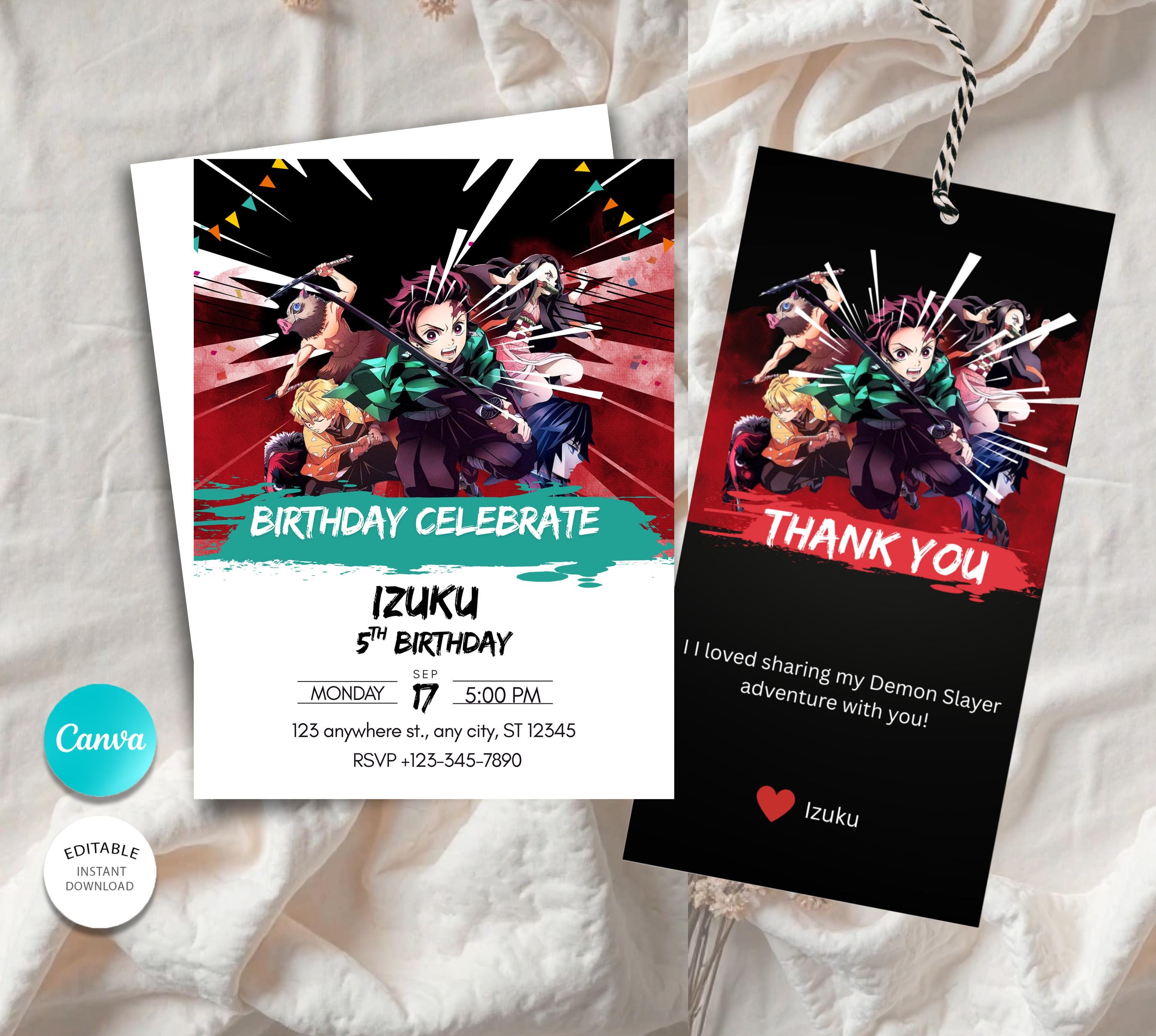 Editable Demon Slayer Birthday Invitation & Thank You Card - Anime ...