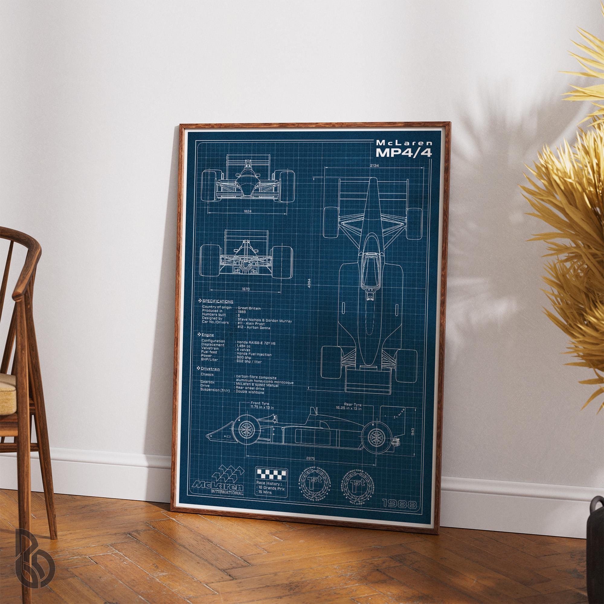 Mclaren MP4/4 Blueprint Poster: Senna Formula 1 Car Art (digital ...