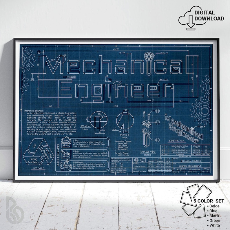 Mechanical Engineer Blueprint Art Print: STEM Gift (digital Download ...