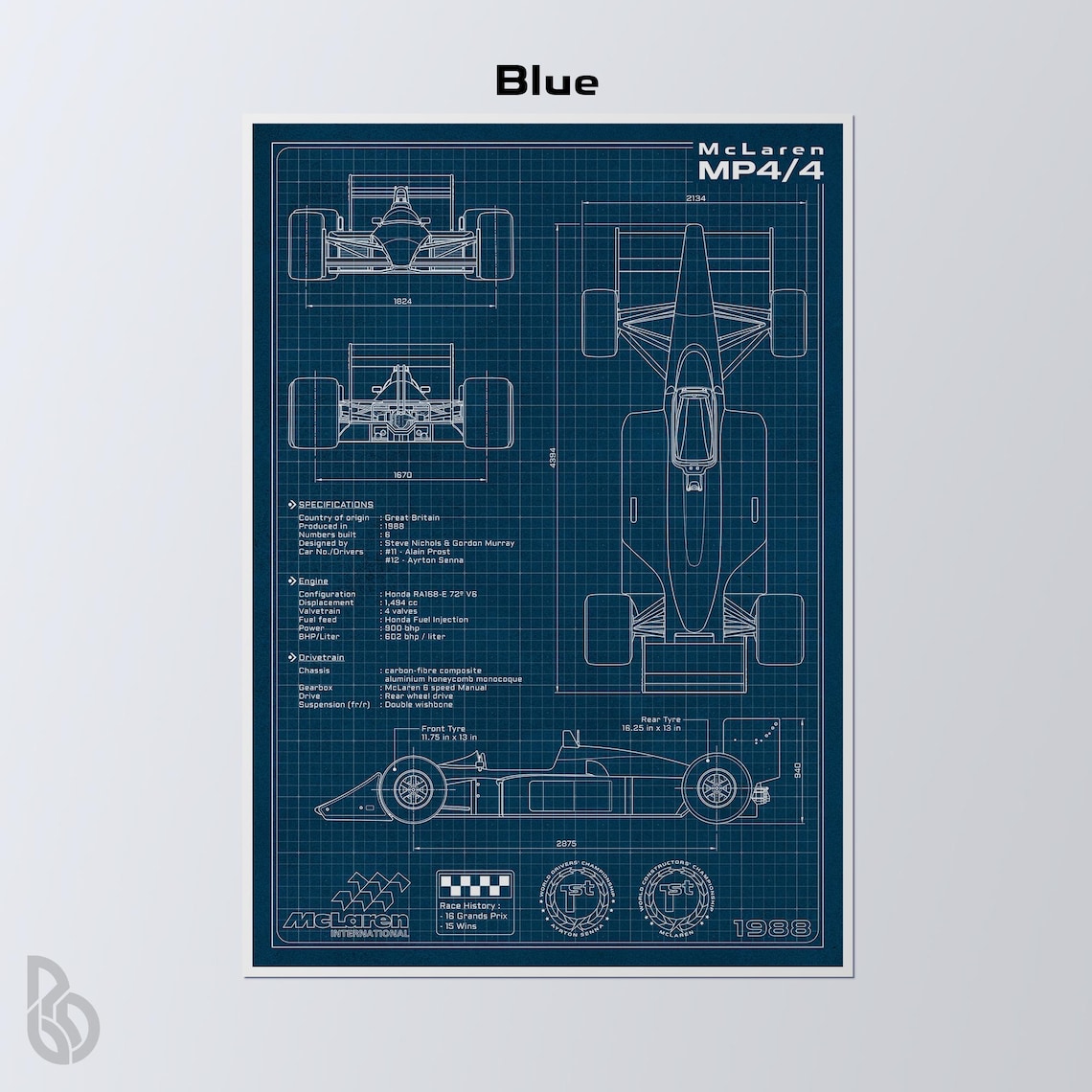 Mclaren MP4/4 Blueprint Poster: Senna Formula 1 Car Art (digital ...