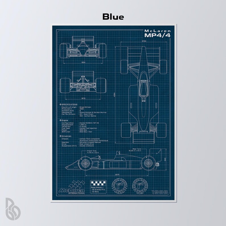 Mclaren MP4/4 Blueprint Poster: Senna Formula 1 Car Art (digital ...