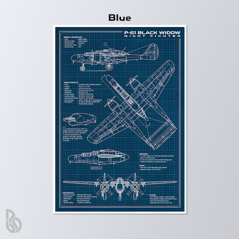 Northrop P-61 Black Widow Blueprint Poster: WW2 Aircraft Technical ...