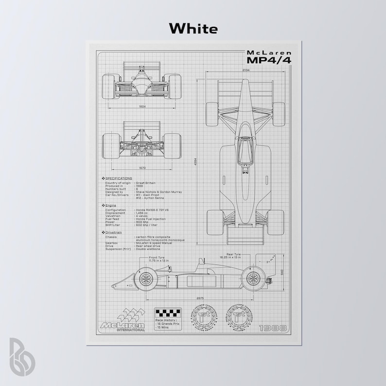 Mclaren MP4/4 Blueprint Poster: Senna Formula 1 Car Art (digital ...