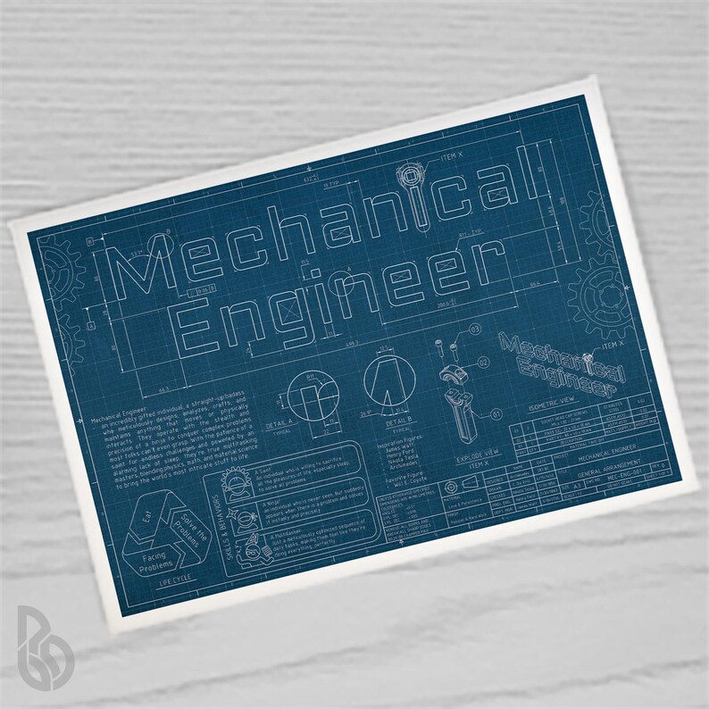 Mechanical Engineer Blueprint Drawing | Digital Print, Printable, Wall ...