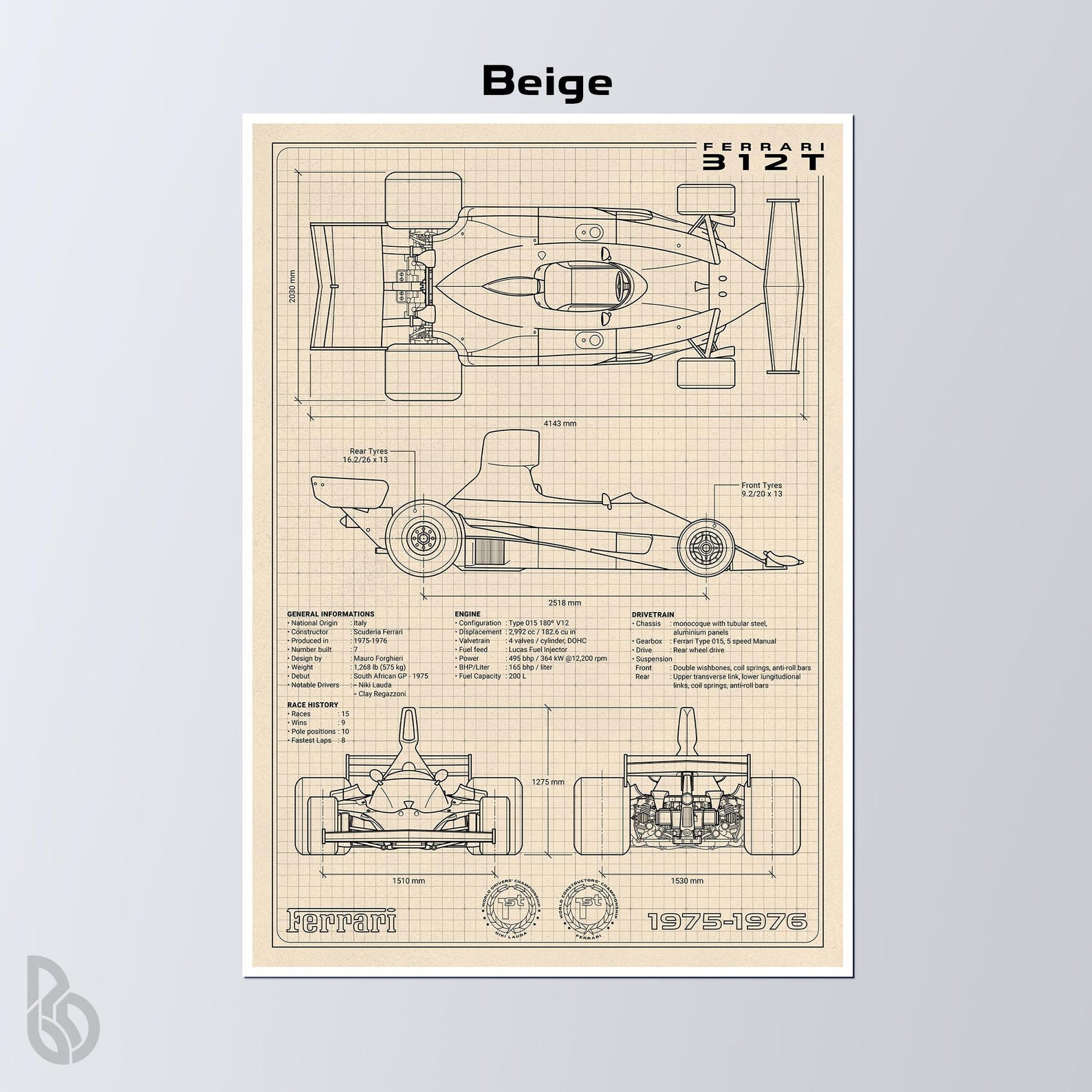Ferrari 312T, Technical Blueprint, Niki Lauda, Formula 1, F1 Car Wall ...