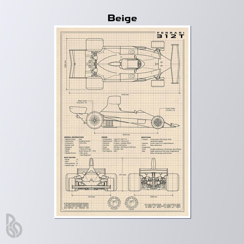 Ferrari 312T, Technical Blueprint, Niki Lauda, Formula 1, F1 Car Wall ...