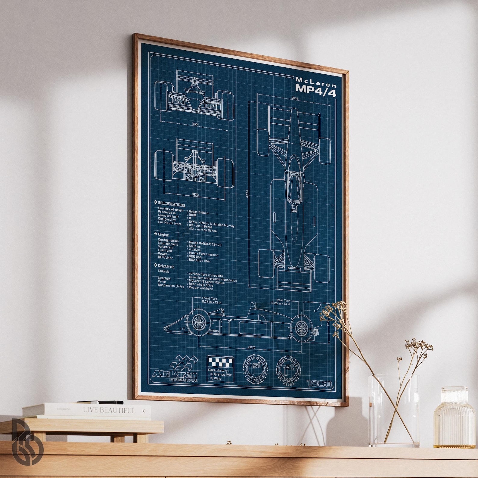 Mclaren MP4/4 Blueprint Poster: Senna Formula 1 Car Art (digital ...