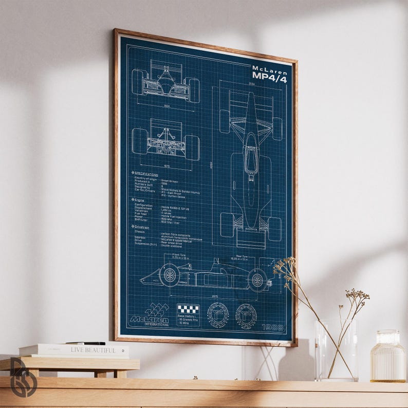 Mclaren MP4/4 Blueprint Poster: Senna Formula 1 Car Art (digital ...