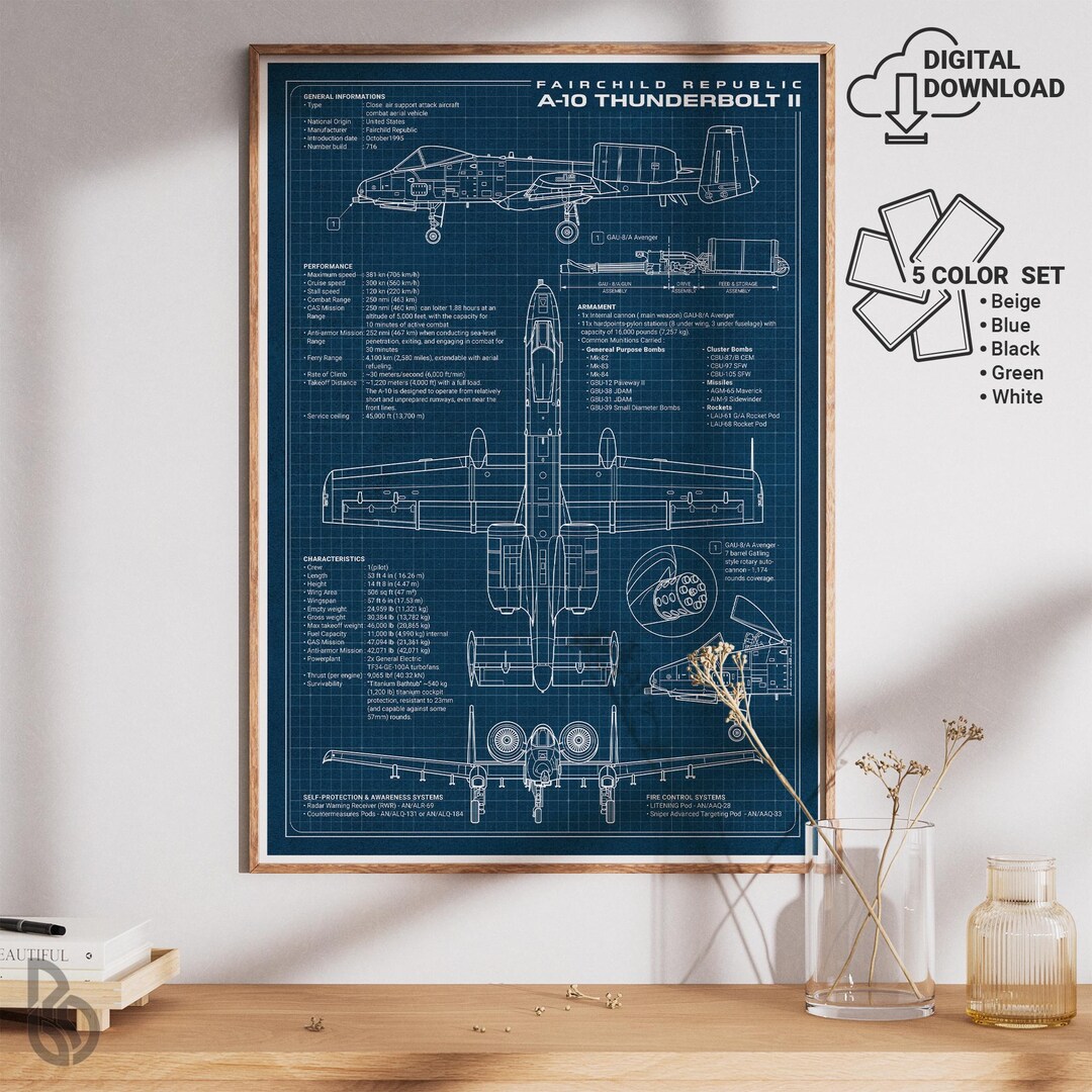 A-10 Thunderbolt II, A-10 Warthog, Blueprint Drawing, Military Aviation ...
